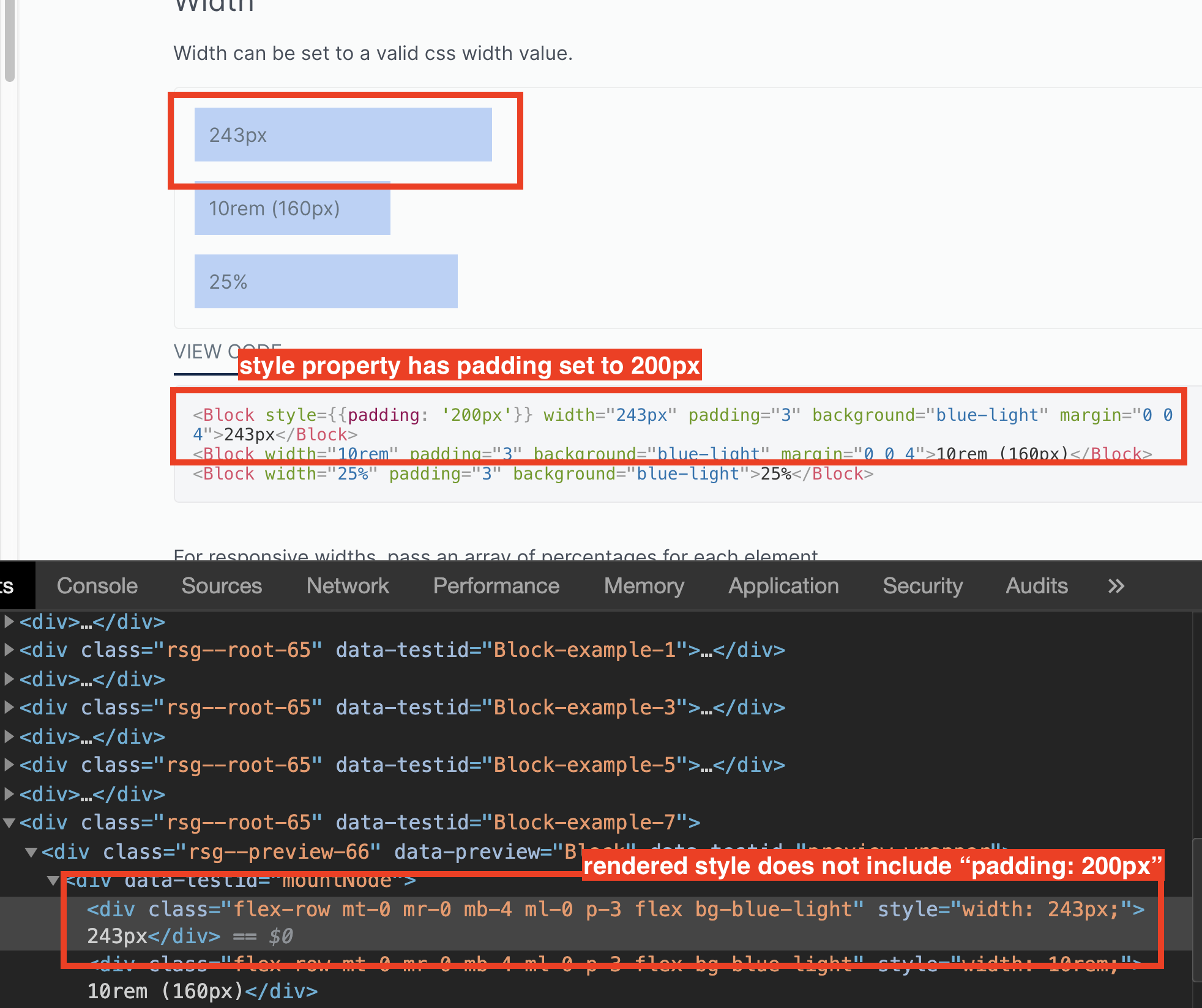 Block not respecting margin/padding values set through style prop when margin/padding prop is ...