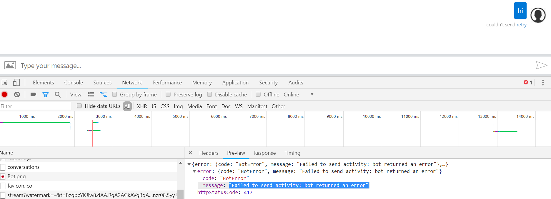 BotError : Failed to send activity: bot returned an error ...