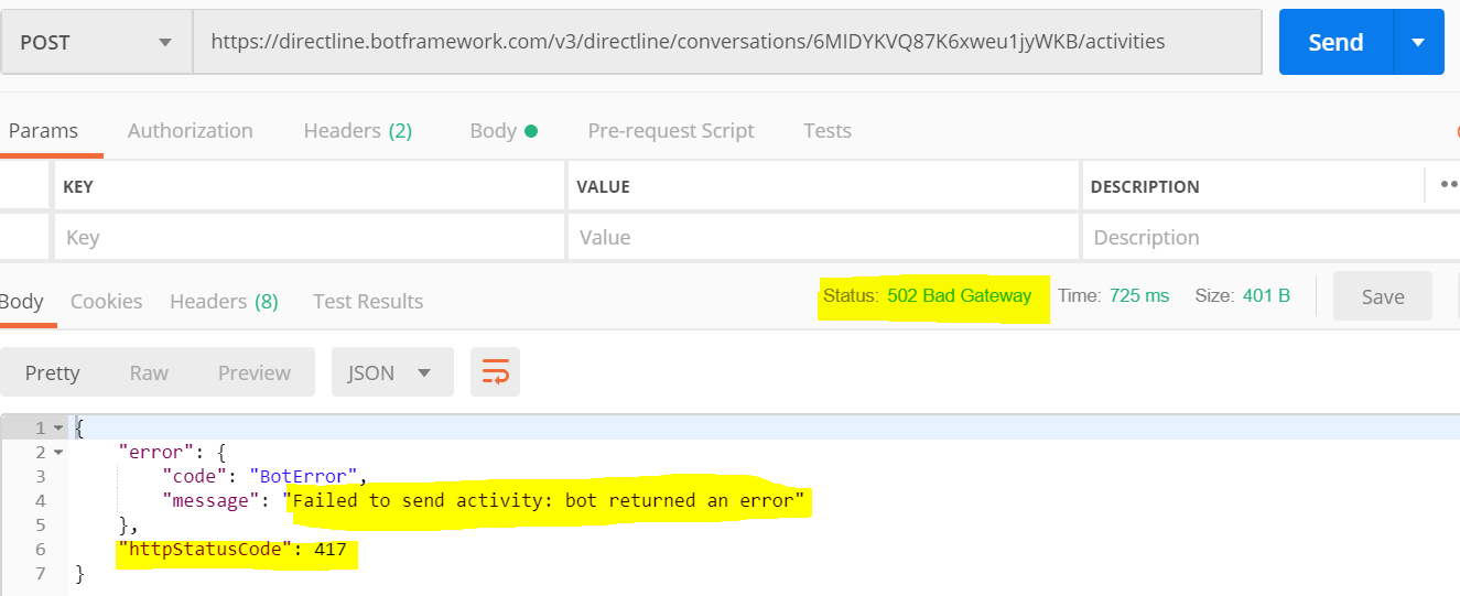 BotError : Failed to send activity: bot returned an error. httpStatusCode: 417 · Issue #106 ...