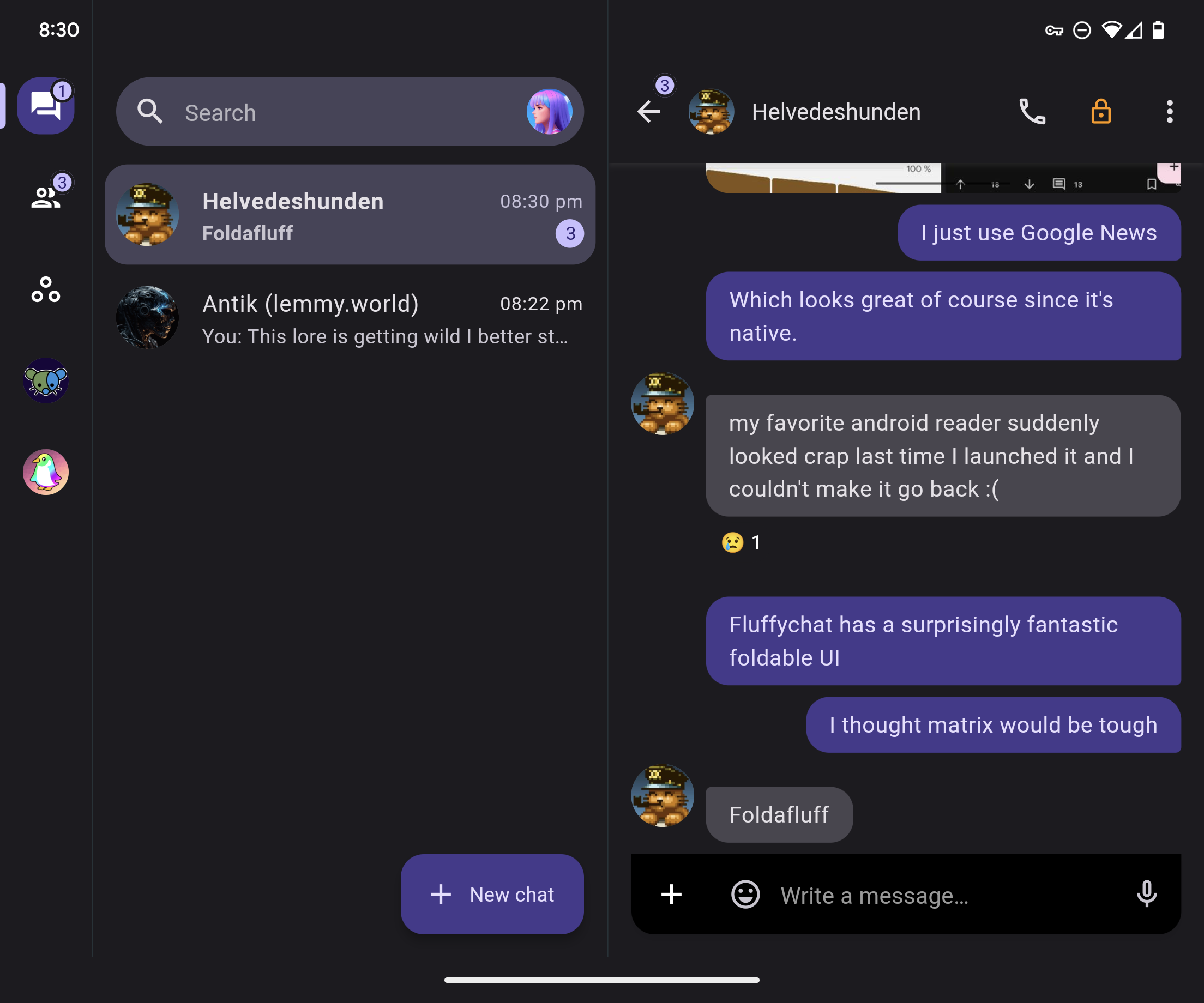 Collapsible conversation list on foldable UX. · Issue #579 · krille-chan/fluffychat · GitHub