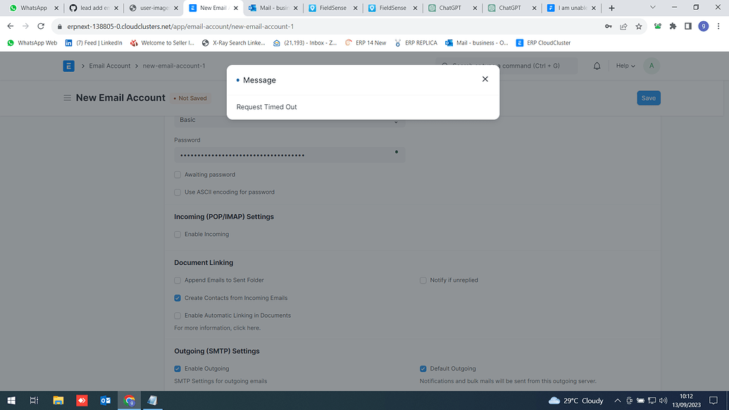 I am unable to save the Email Account Settings in ERP Next 14 while configuring Office 365 ...