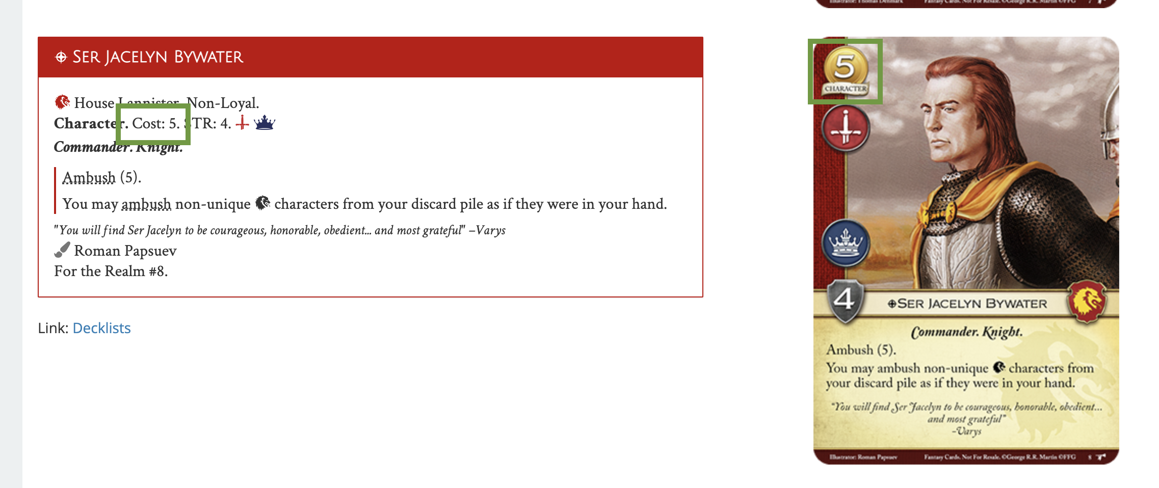 Ser Jacelyn Bywater: card image has wrong cost · Issue #127 ...