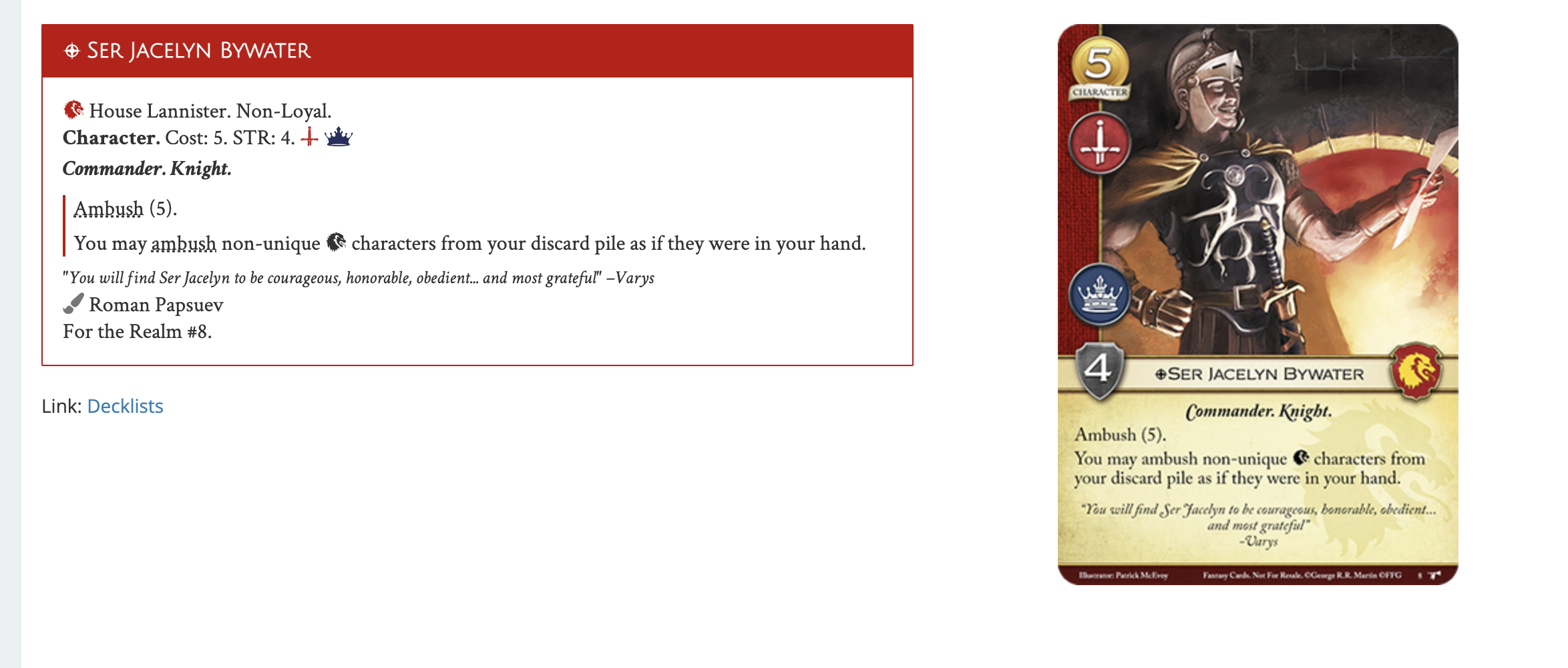 Ser Jacelyn Bywater: card image has wrong cost · Issue #127 ...