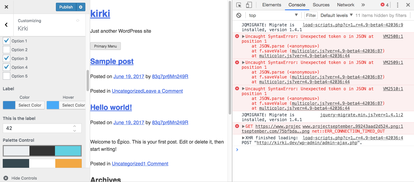 Several fields not working with WordPress 4.9 beta 2 · Issue #1587 · themeum/kirki · GitHub