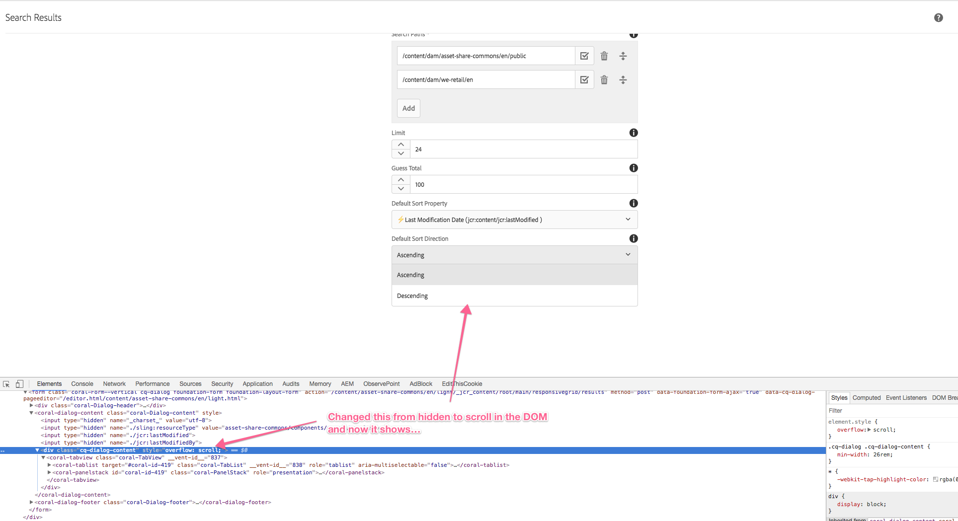 Search components "Default Sort Order dropdown cut off by TouchUI ...