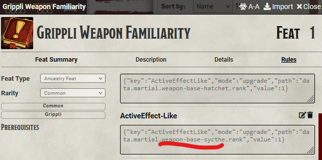 Grippli Weapon Familiarity RE typo causes blank proficiency on Non ...
