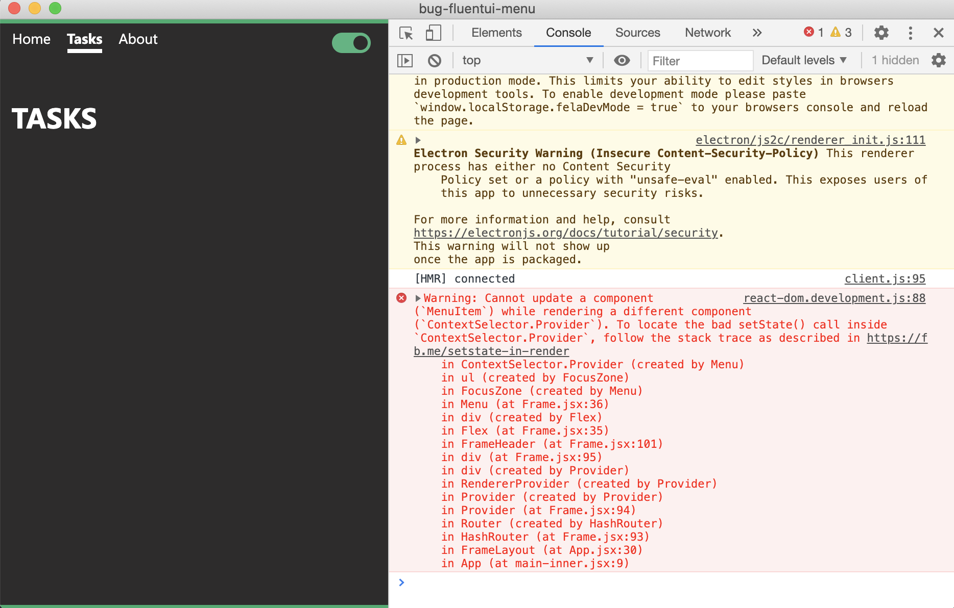 react-northstar error: Warning: Cannot update a component (`MenuItem`) while rendering a ...