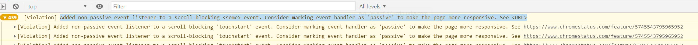 Hundreds of "Added non-passive event listener to a scroll-blocking event." warnings in Query ...
