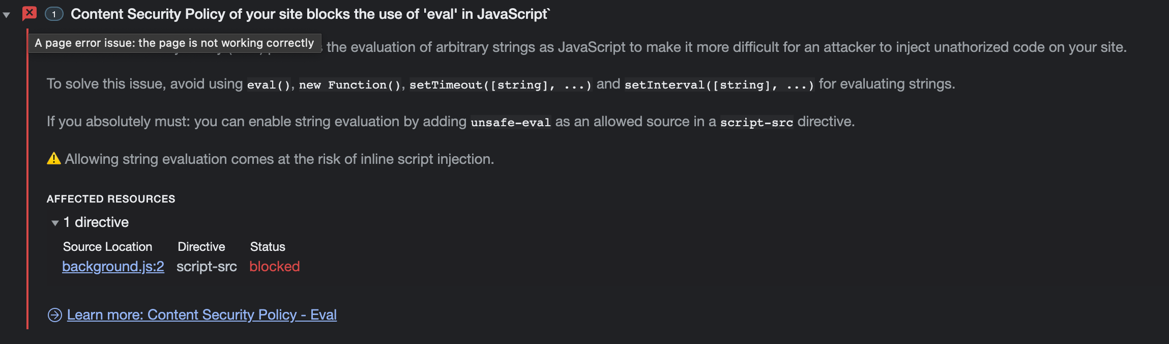 coil-extension: Content Security Policy of your site blocks the use of 'eval' in JavaScript ...