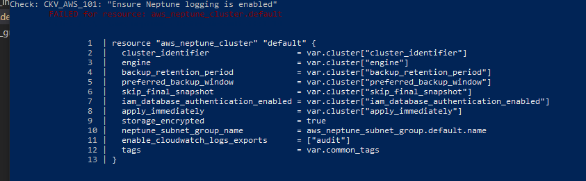 test CKV_AWS_101: "Ensure Neptune logging is enabled" fails when set ...