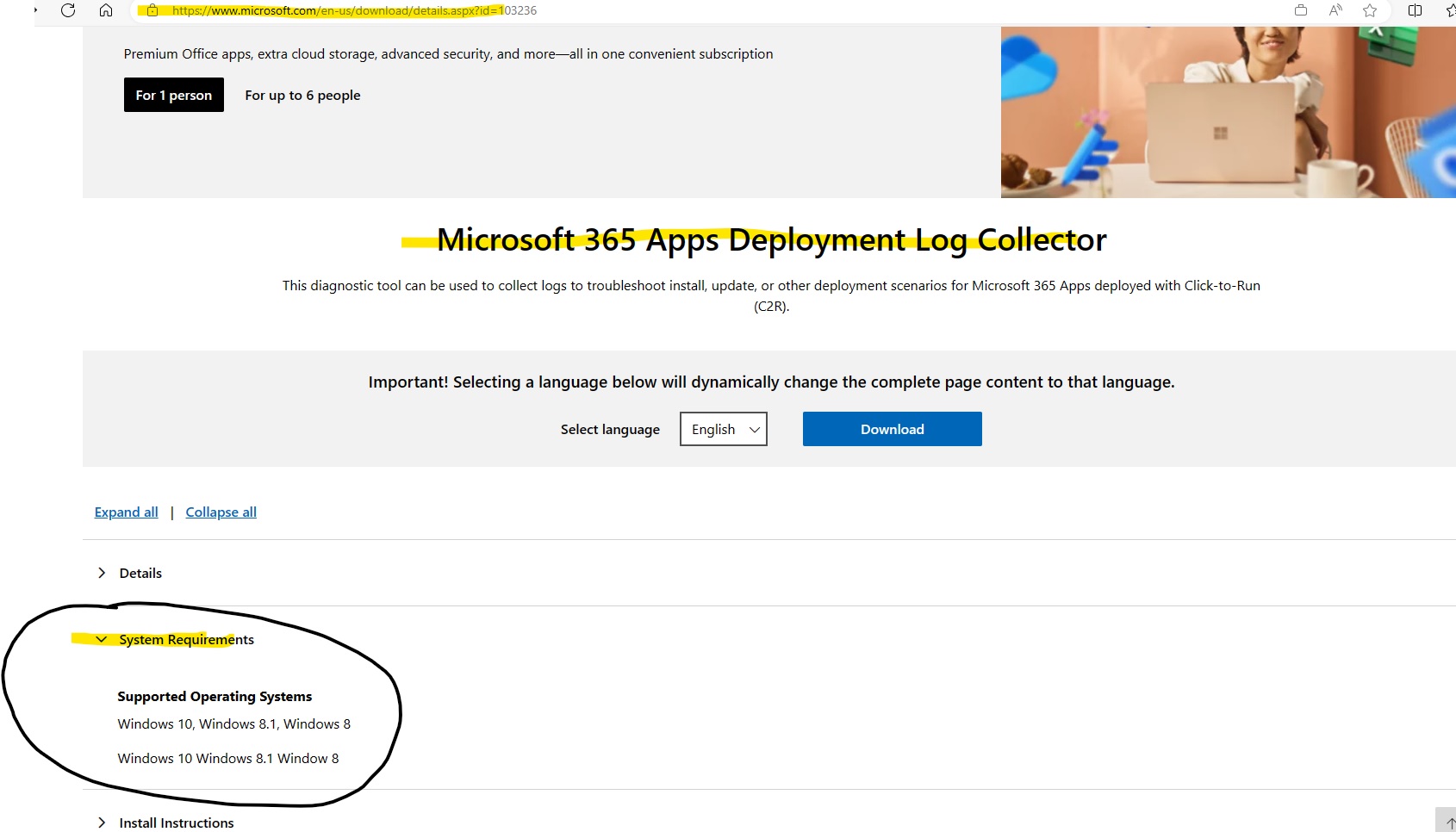 Microsoft 365 Apps Deployment Log Collector download page needs system requirements section ...