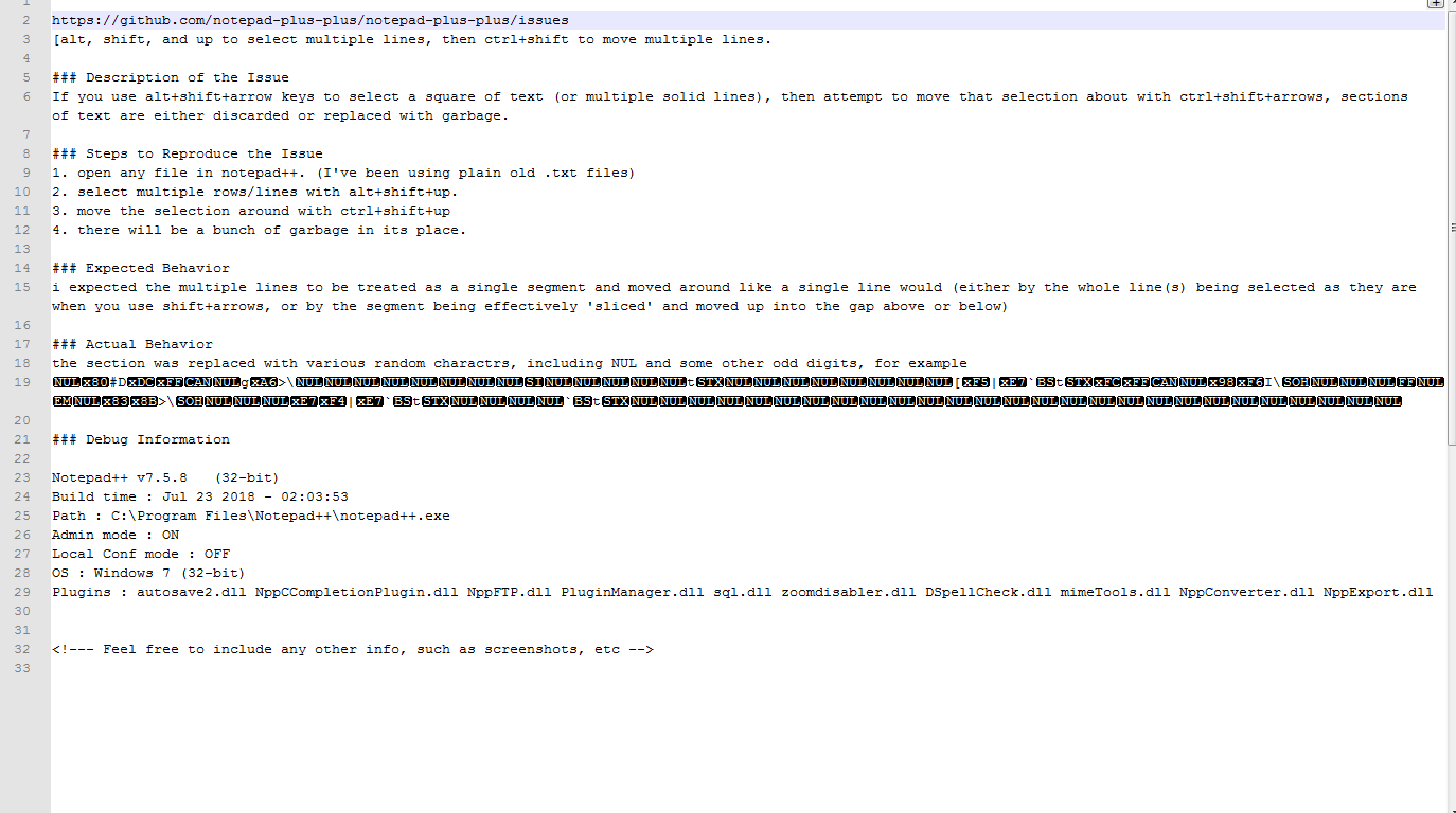 Attempting to move a rectangular text selection generates garbage text ...