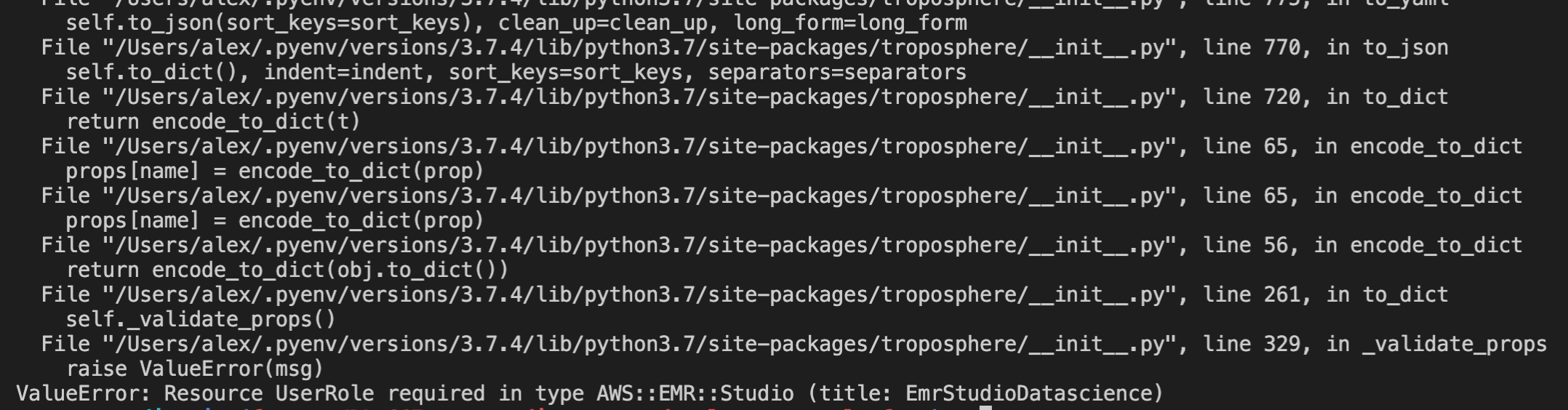 UserRole required when creating emr studio · Issue #1955 · cloudtools/troposphere · GitHub
