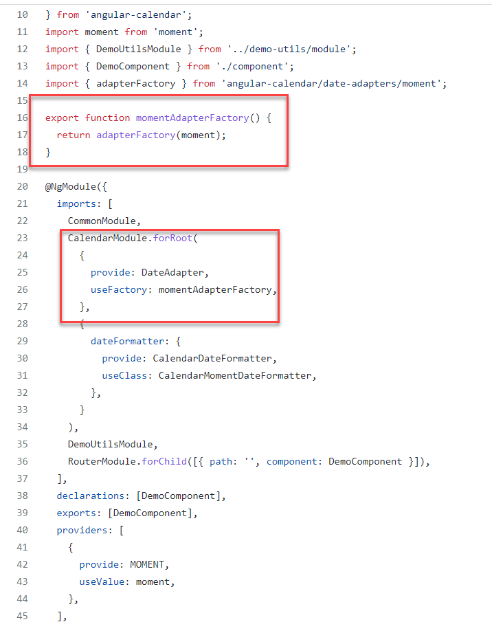 Error de AOT. Function calls are not supported in decorators but 'CalendarModule' was called ...