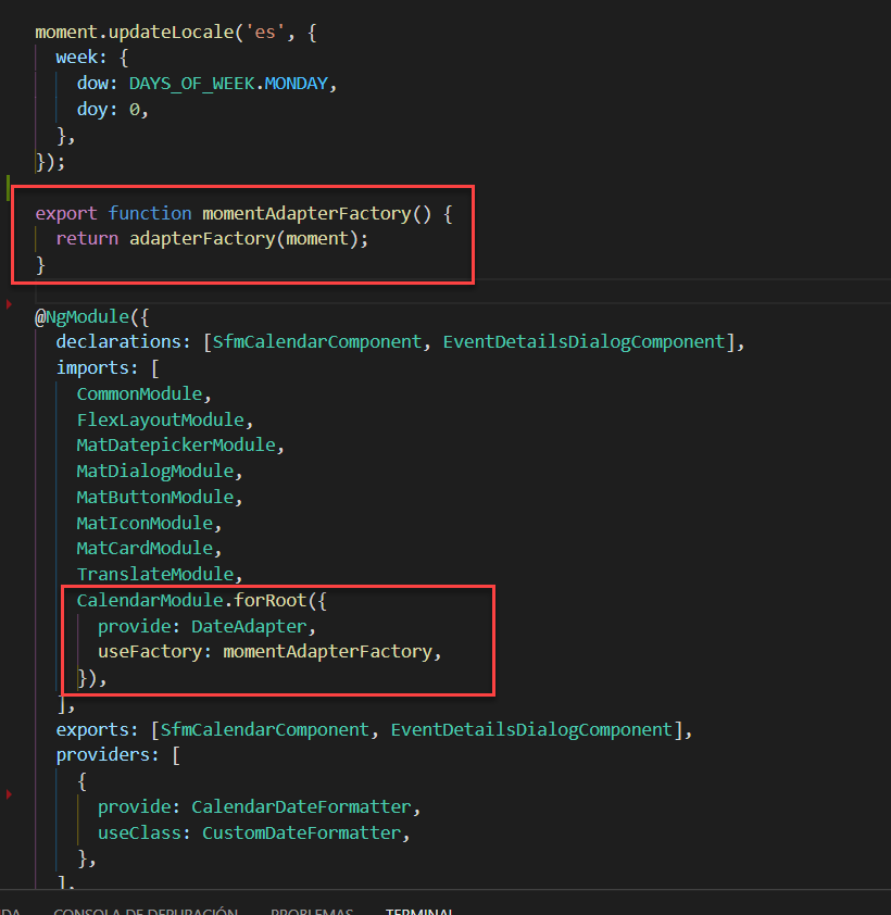 Error de AOT. Function calls are not supported in decorators but 'CalendarModule' was called ...
