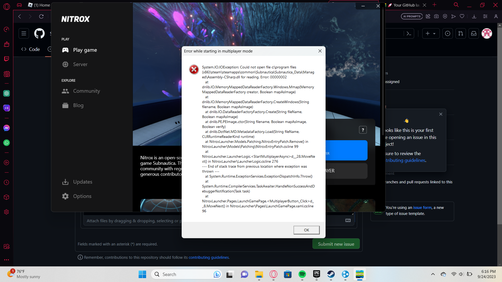 Me And My Friend Cant Open The Launcher · Issue 2079 · Subnauticanitroxnitrox · Github 