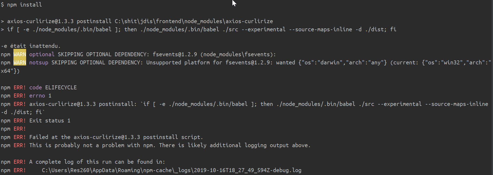 Exit code: 1 Command: if [ -e ./node_modules/.bin/babel ]; then ./node_modules/.bin/babel ...