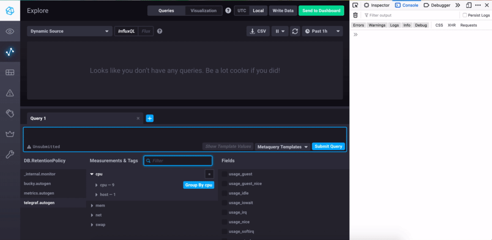 Data Explorer - influxQL dangling filter arguments cause Data Explorer to fail to render on ...