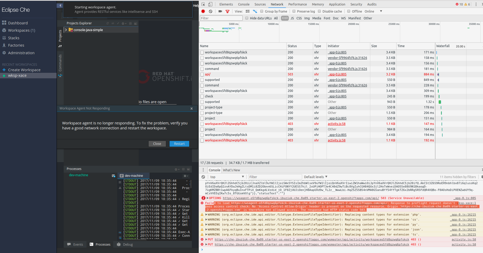 Che cannot create new workspaces on https://openshift.io - "Unable to Initialize IDE ...