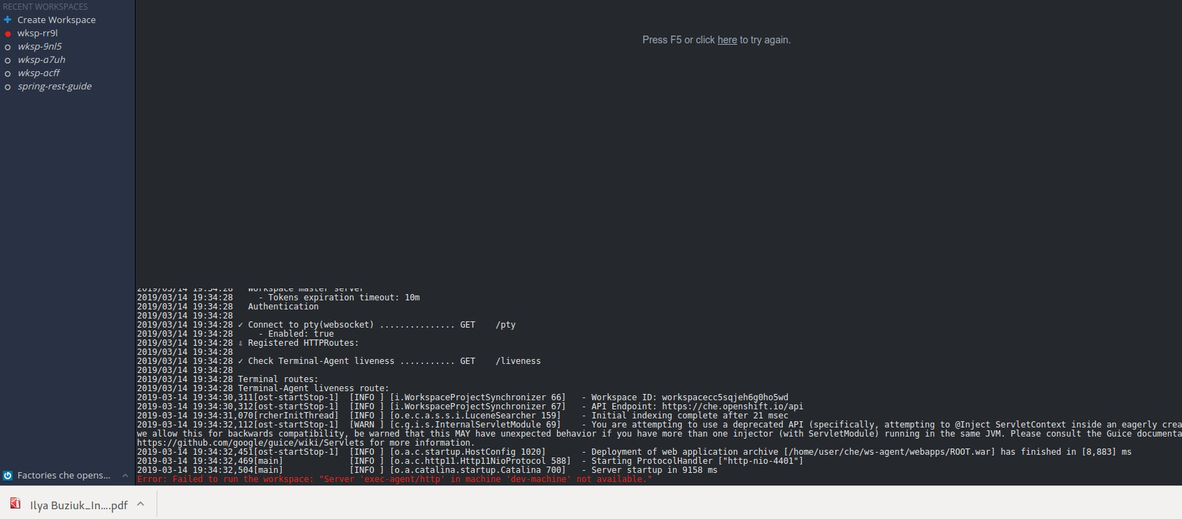 Not able to start Che 6 workspace on che.openshift.io on various clusters - Error: Failed to run ...