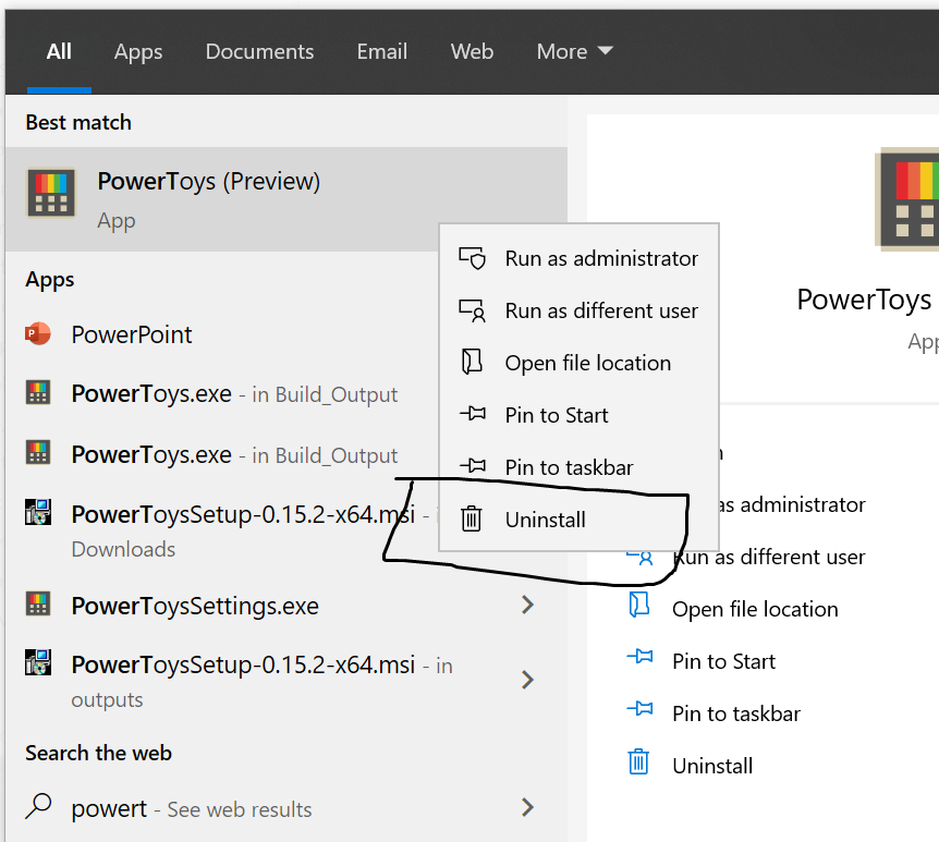 Uninstalling problem · Issue #1635 · microsoft/PowerToys · GitHub