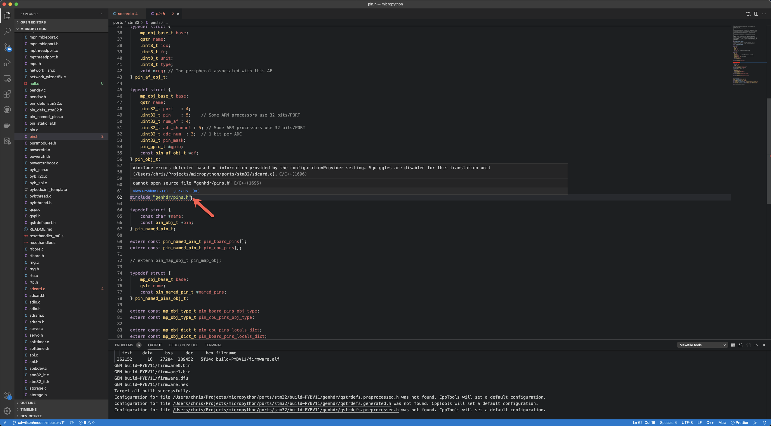 Include errors for generated headers in MicroPython · Issue #192 · microsoft/vscode-makefile ...