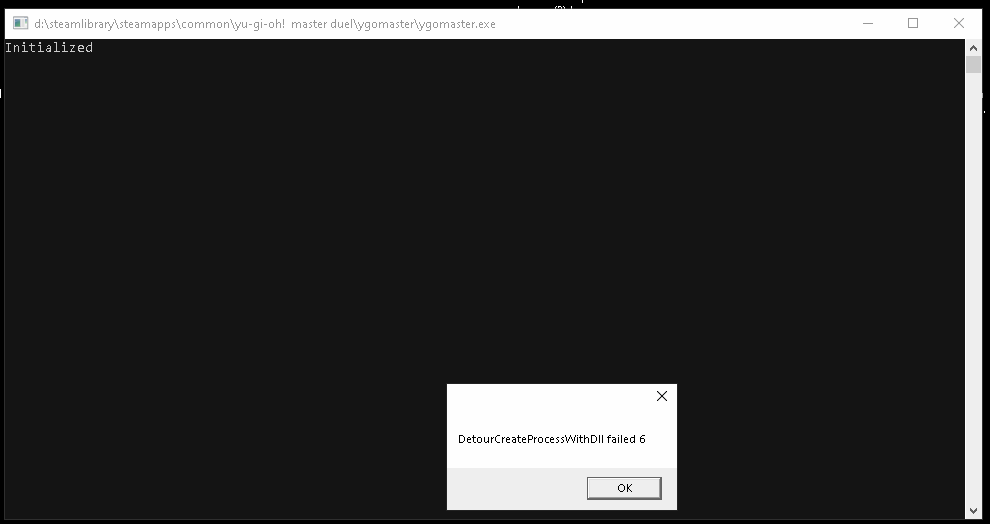 DetourCreateProcessWithDll failing with error code 6 · Issue #260 · pixeltris/YgoMaster · GitHub