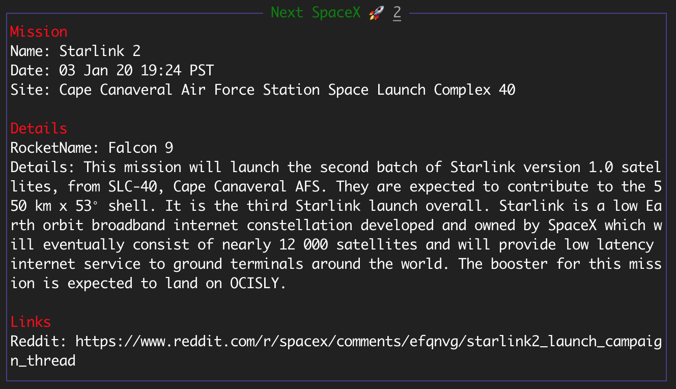 Next SpaceX Launch · Issue #806 · wtfutil/wtf · GitHub