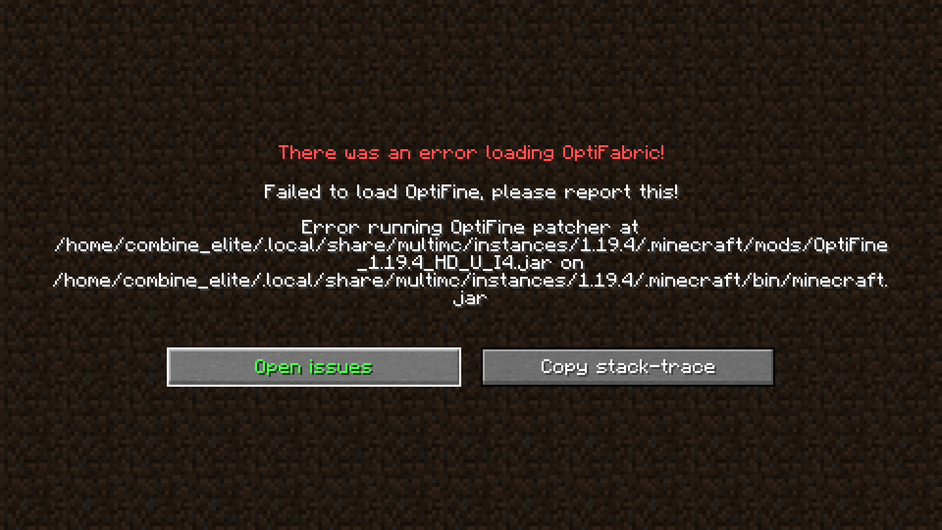Optifabric fails to load optifine 19.4 with multimc · Issue #1246 · Chocohead/OptiFabric · GitHub