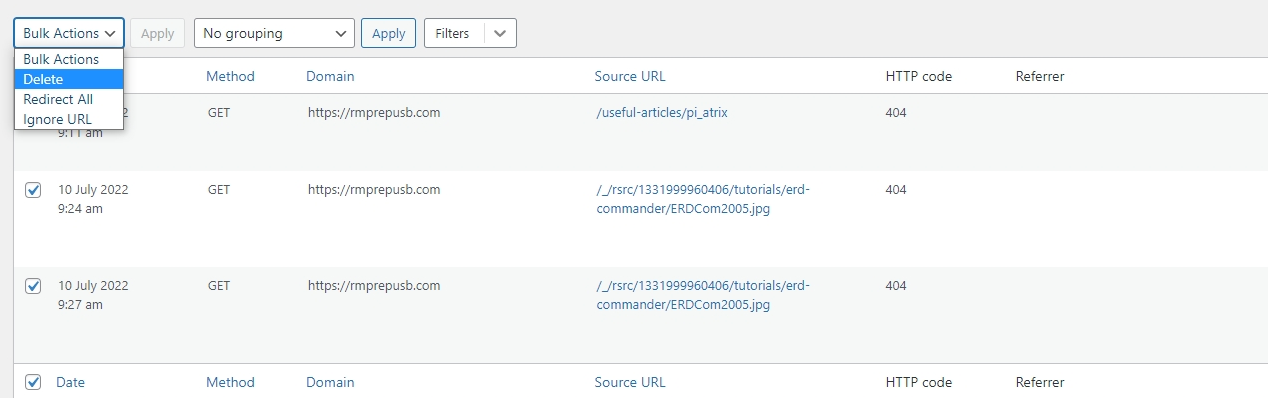 Problems deleting 404s and Log entries · Issue #3343 · johngodley/redirection · GitHub