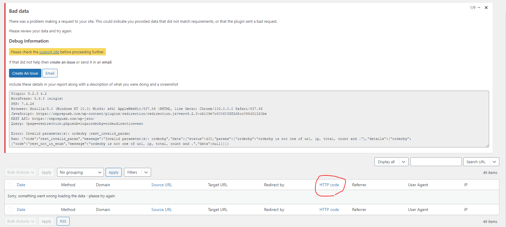 HTTP Code column sort in Logs page gives error · Issue #3344 · johngodley/redirection · GitHub