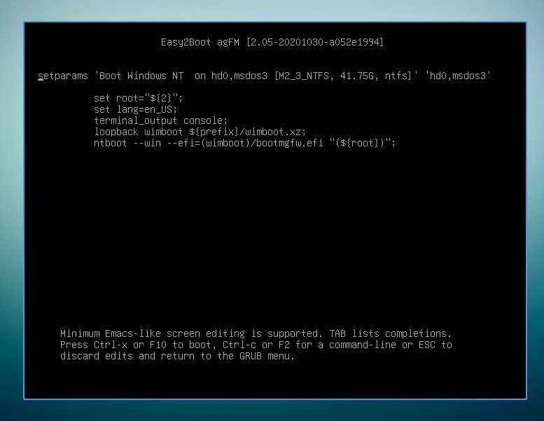 F3 Boot menu showing 'Boot Windows NT' wimboot entries · Issue #282 · a1ive/grub2-filemanager ...