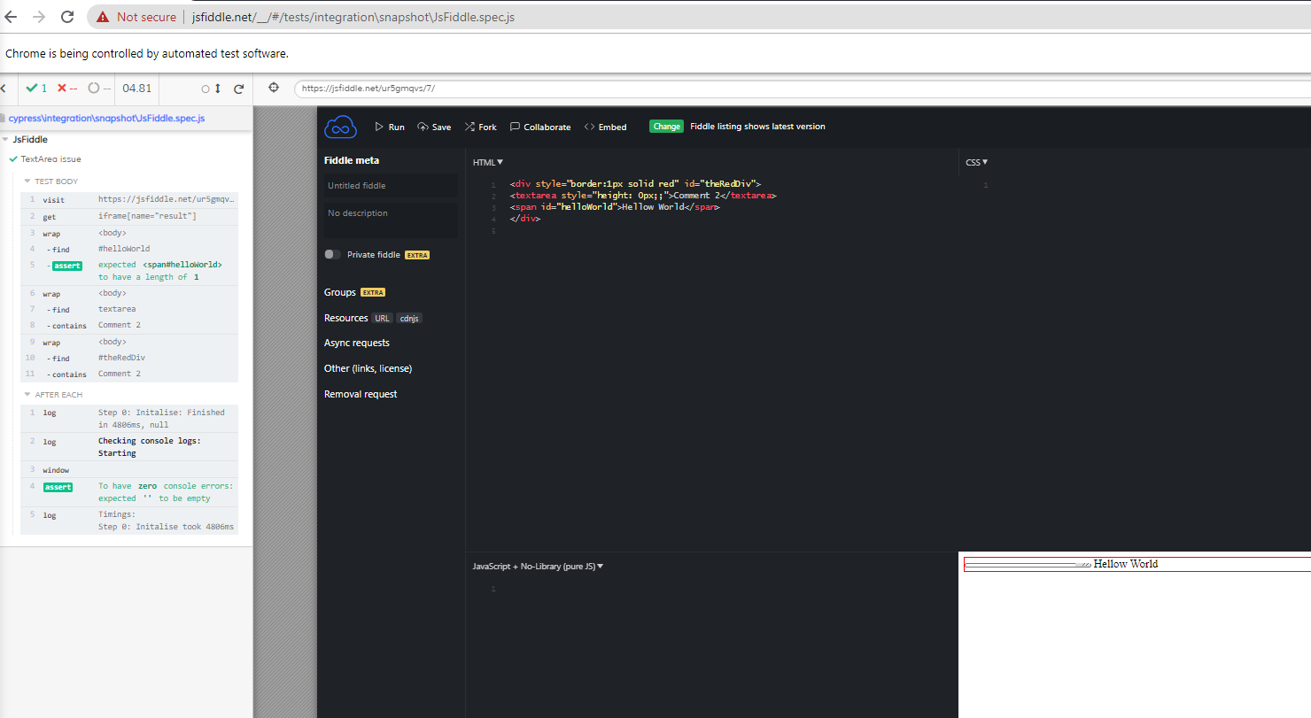 using cy.contains against a textarea with style="height: 0px" passes ...