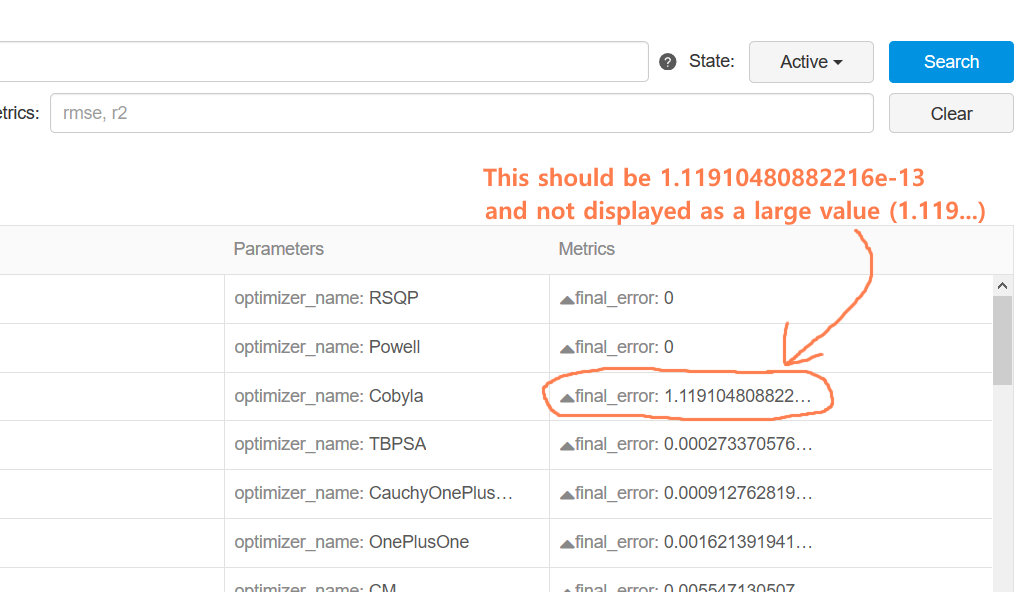 [BUG] Very small metric values are displayed incorrectly in the run list · Issue #1901 · mlflow ...