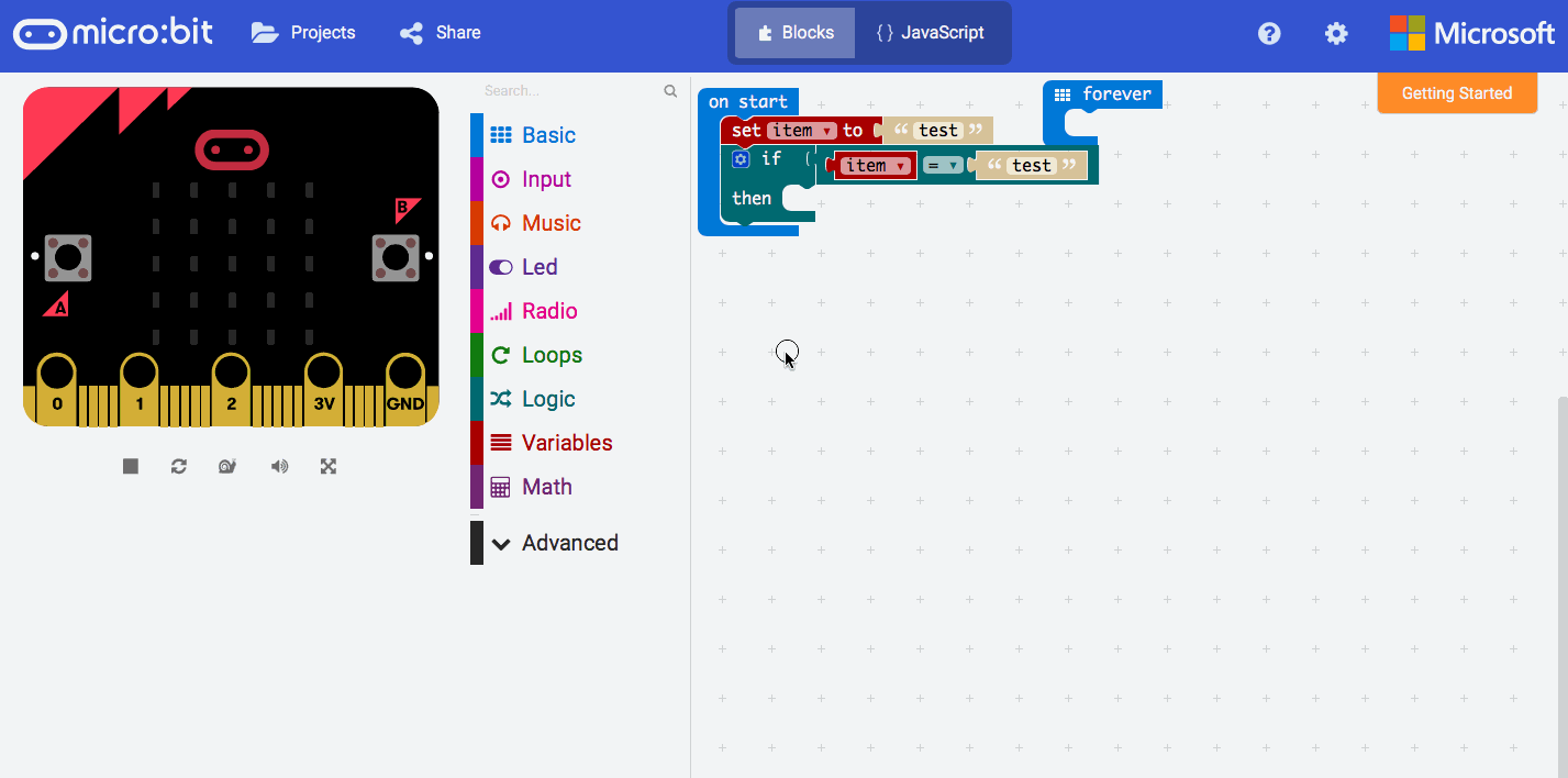 Changing a text comparison after JS usage crashes MakeCode and browser tab, appears to destroy ...