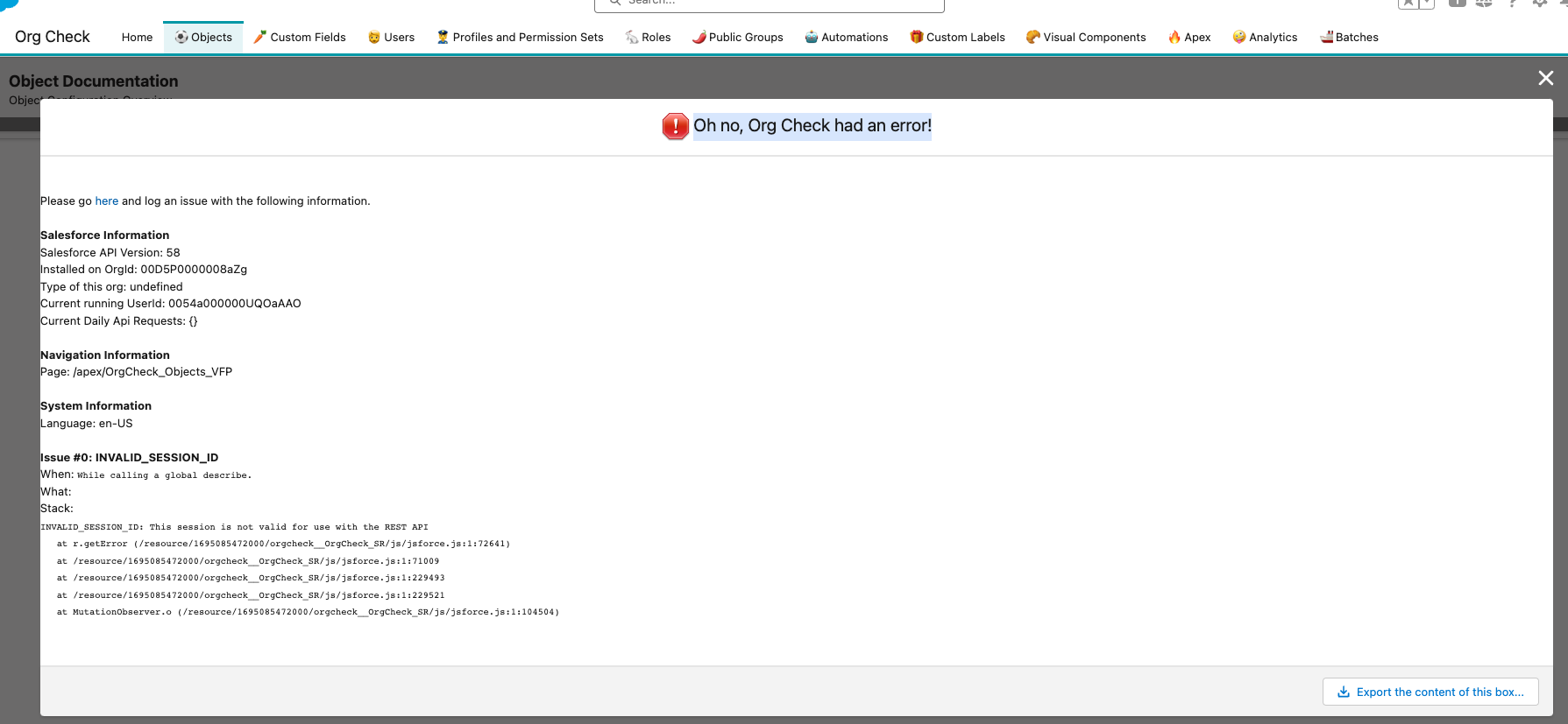 Oh no, Org Check had an error! · Issue #329 · SalesforceLabs/OrgCheck · GitHub