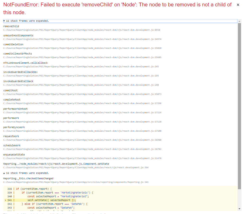 [React 16.5] - NotFoundError: Failed to execute 'removeChild' on 'Node': The node to be removed ...