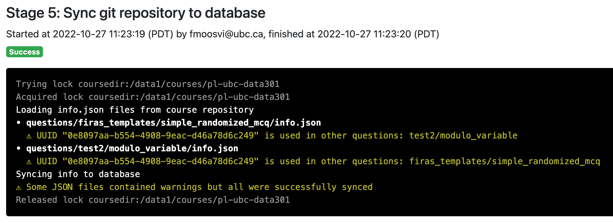 Bug report: message for duplicate UUID is an error · Issue #6539 · PrairieLearn/PrairieLearn ...
