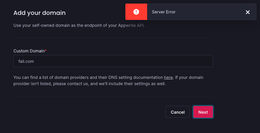 🚀 Feature: Improve Error When Creating Custom Domain · Issue #5159 · appwrite/appwrite · GitHub