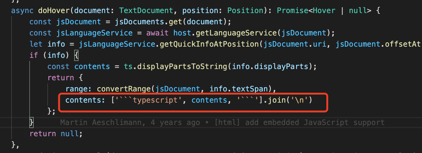 [html] hovers in embedded JavaScript should look like in TypeScript ...