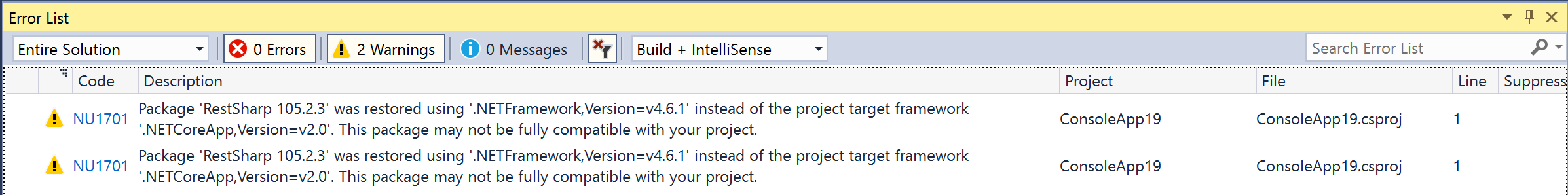 Duplicate Nu1701 Warnings When Multi Targetting To Netcoreapp2 0 And Net461 · Issue 5829