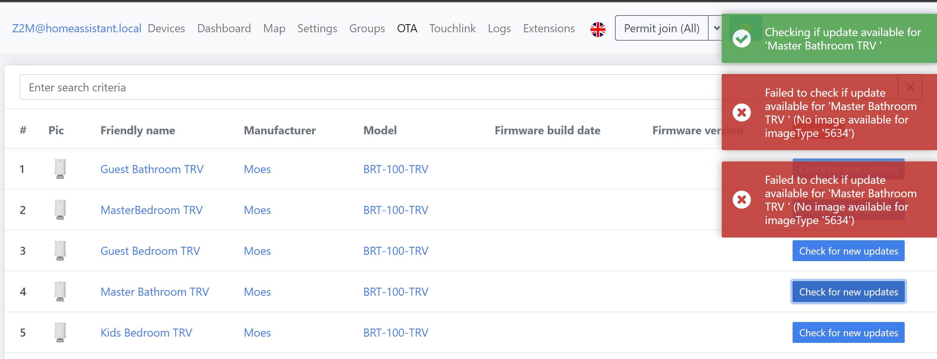Tuya TS0601 model BRT-100-TRV OTA update fails with "No image available for imageType '5634 ...