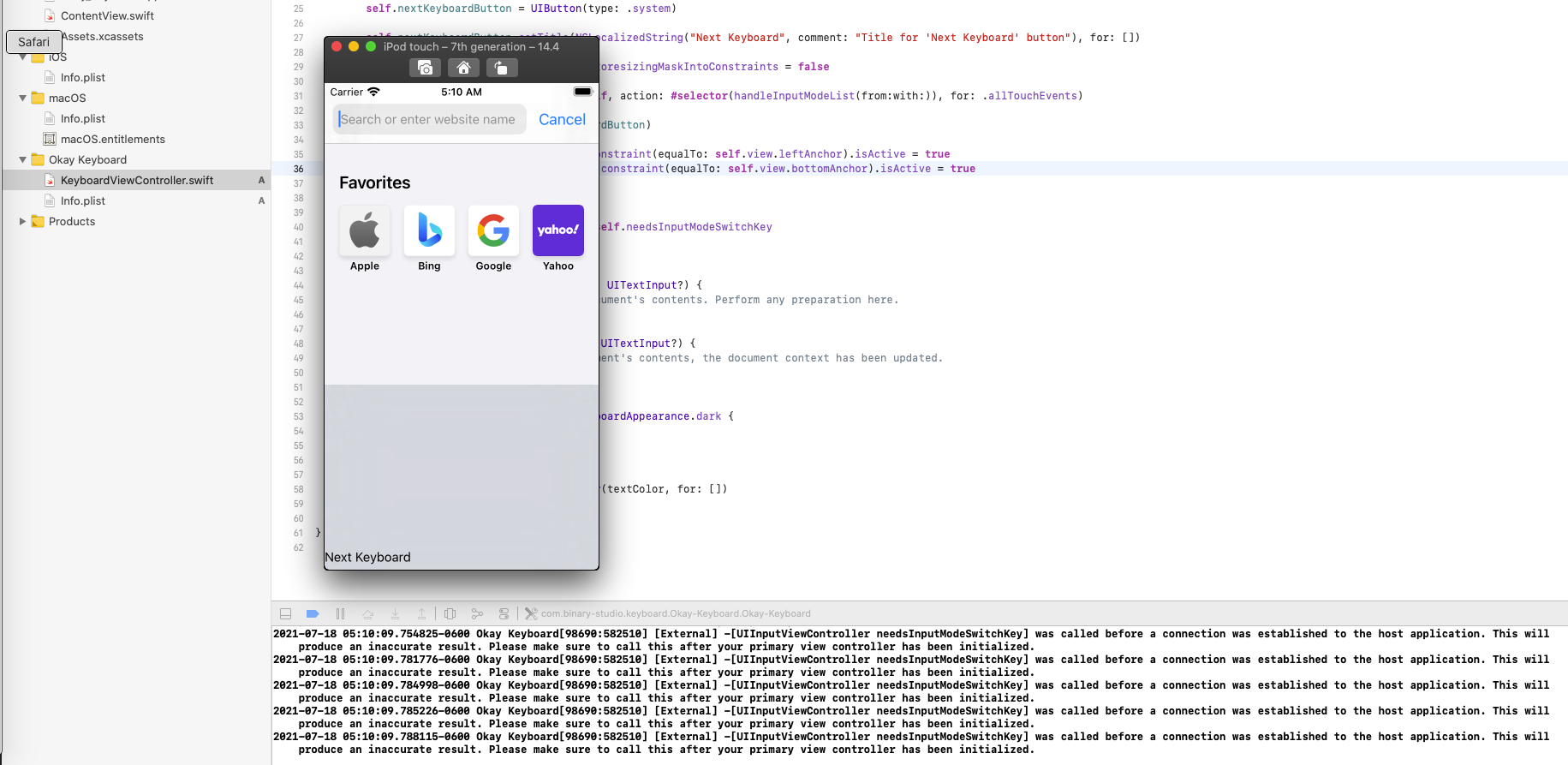 "-[UIInputViewController needsInputModeSwitchKey] was called before a connection was established ...