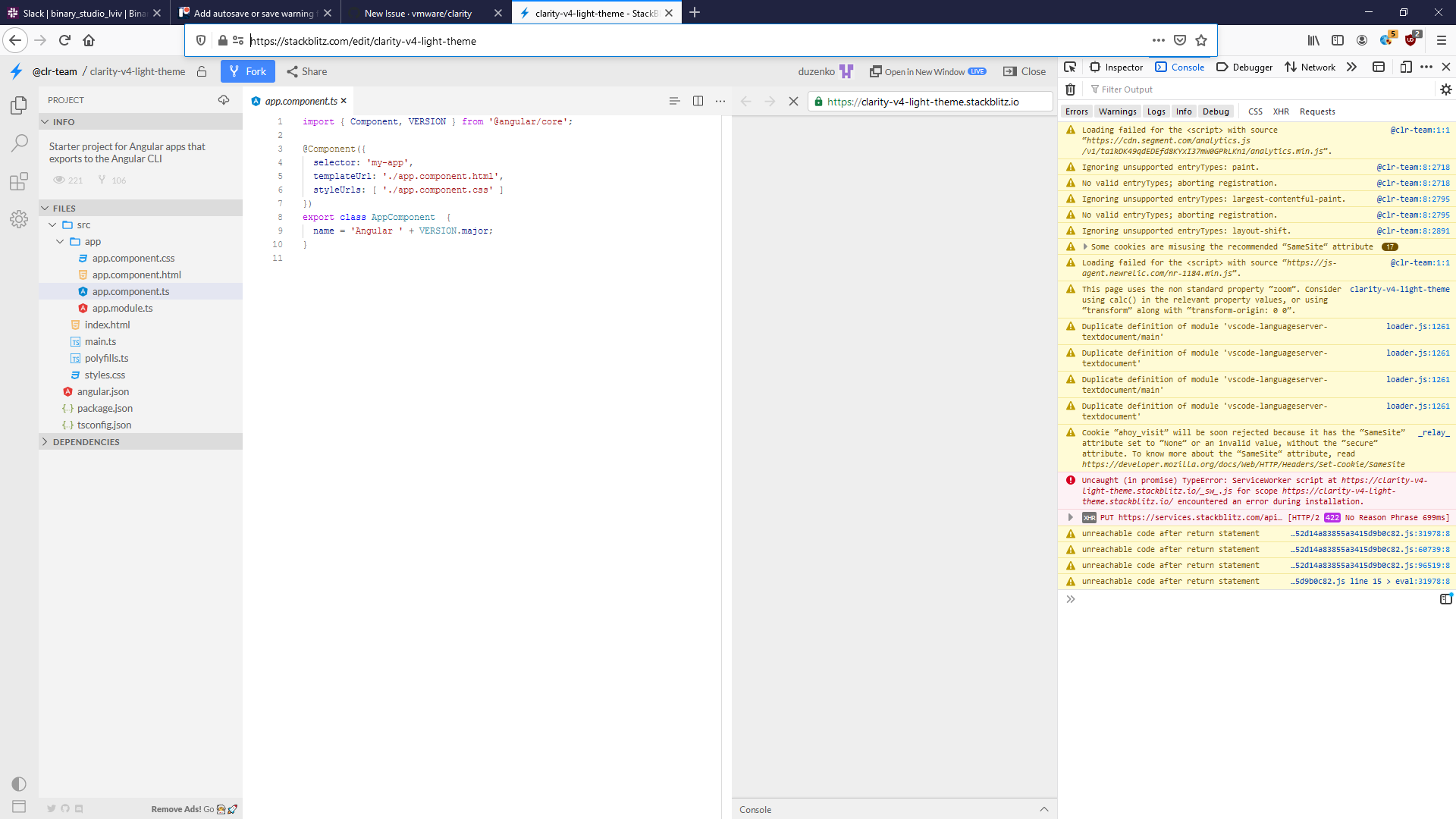 Stackblitz Template Broken · Issue 5277 · Vmware Archiveclarity · Github