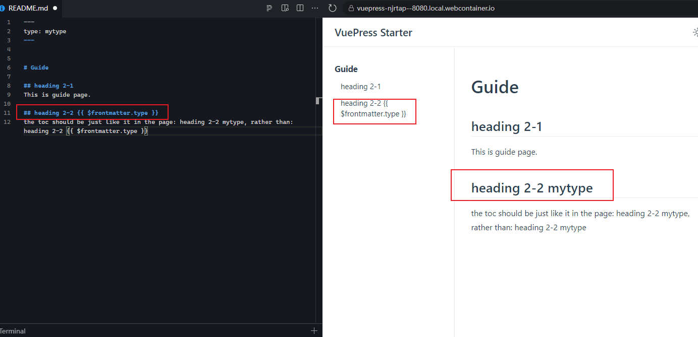 [Bug report] TOC show the variant name rather than the value it represents when use frontmatter ...