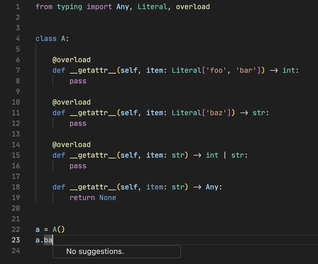 Autocomplete for __getattr__ by Literal values · Issue #4660 · microsoft/pylance-release · GitHub