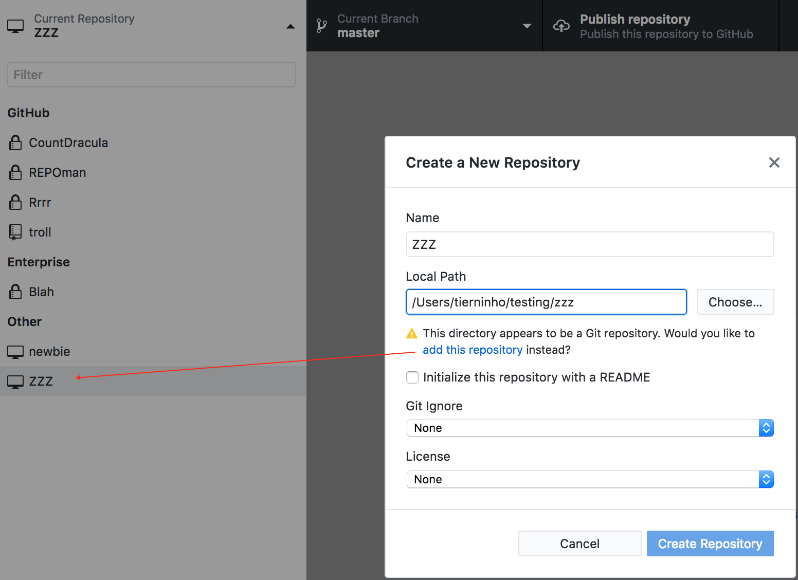 Warning Message In New Repo Modal Asks To Add An Existing Repo · Issue 2625 · Desktopdesktop
