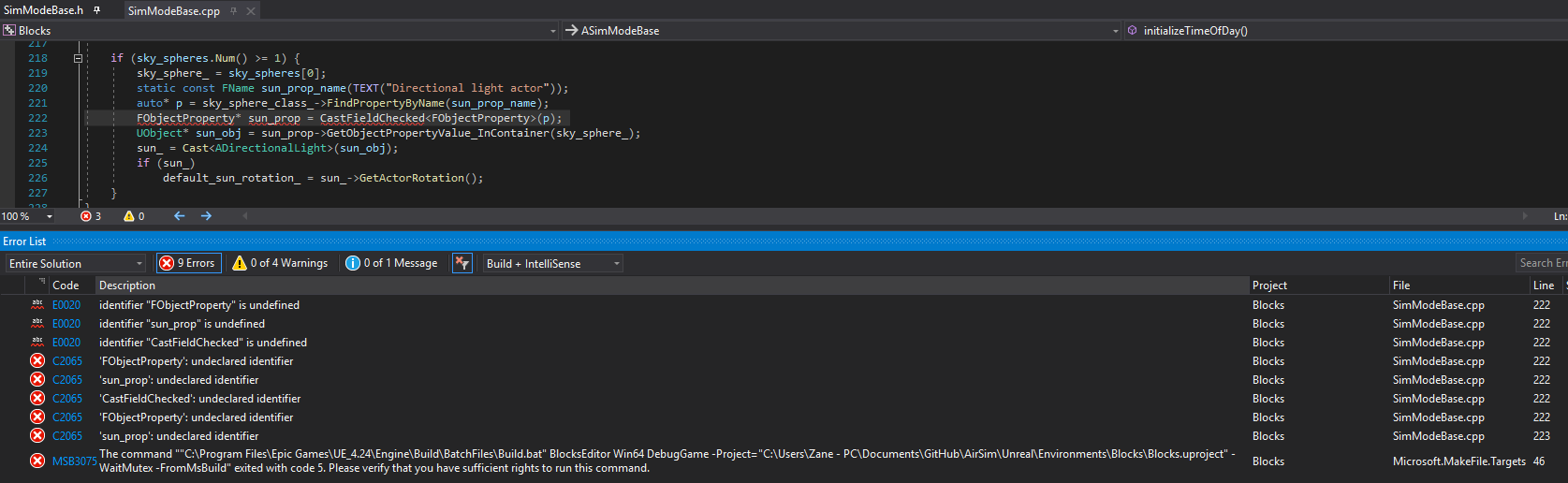 Installation Error on Windows 10 -- identifier 'FObjectProperty' is undefined in SimModeBase.cpp ...