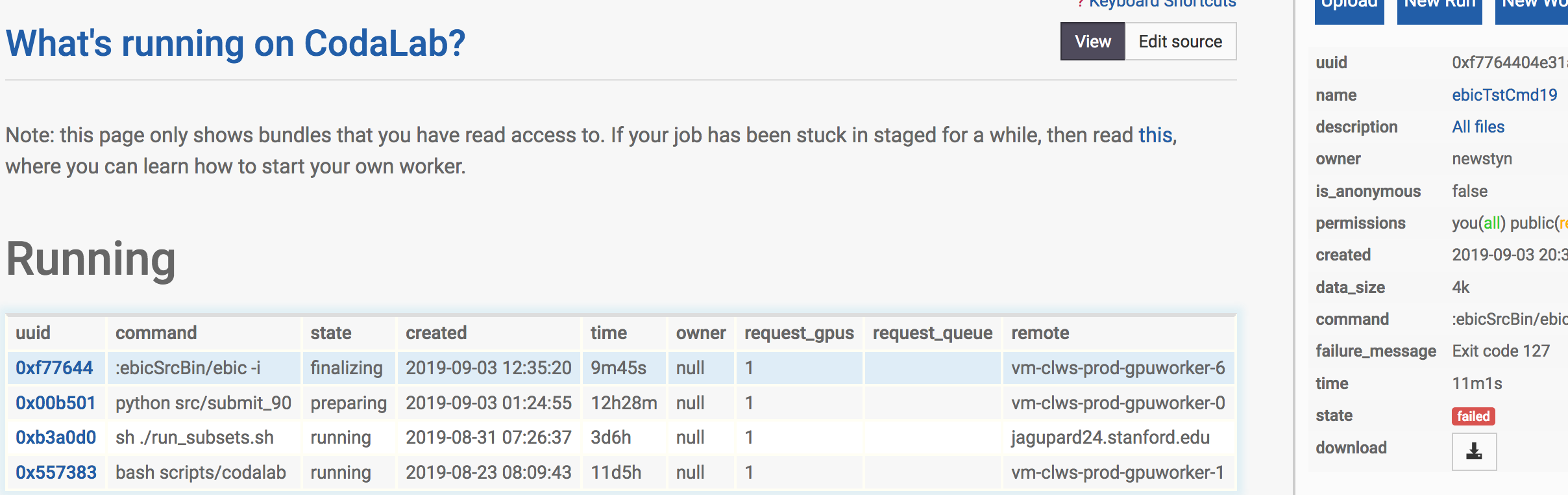 "owner column" doesn't show owner information properly in "What's running on CodaLab?" page ...