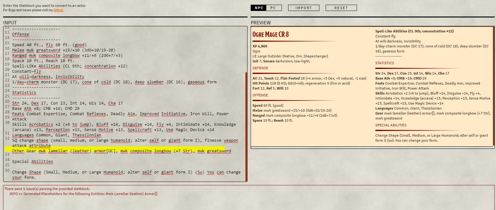 SBC may produce old format data · Issue #624 · Lavaeolous/PF1-StatBlock-Converter-Module · GitHub